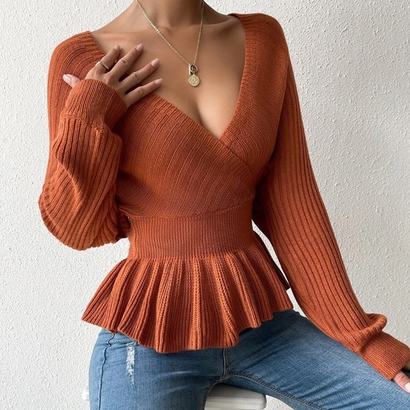 BellanBlue | Sweaters | Cozy Ribbed Peplum Ruffle Backless Sweater Top ...